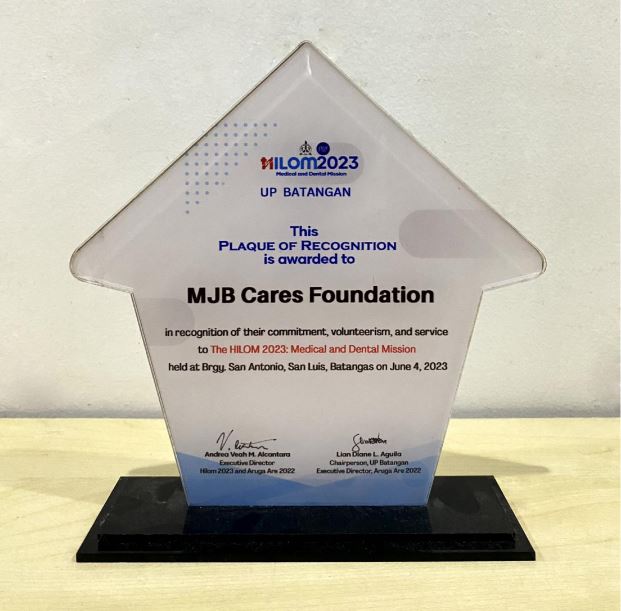 Plaque of Recognition from UP Batangan - MJB Cares Foundation, Inc.